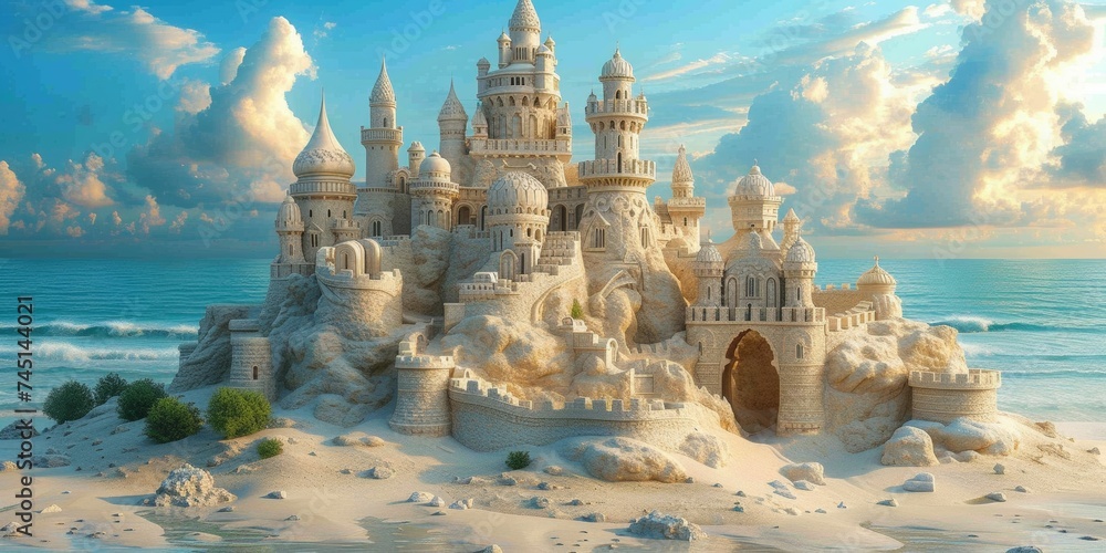 a mesmerizingly detailed sand castle boasting fantasy-inspired features ...