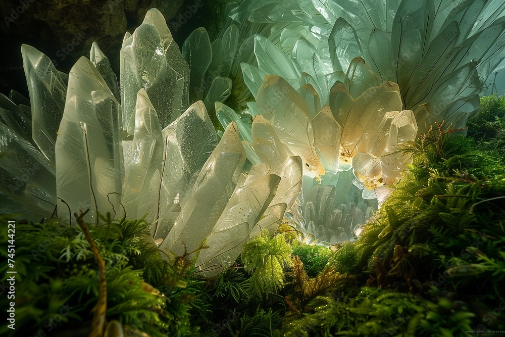 Crystalline petals unfold to reveal a hidden chamber, bathed in the ...