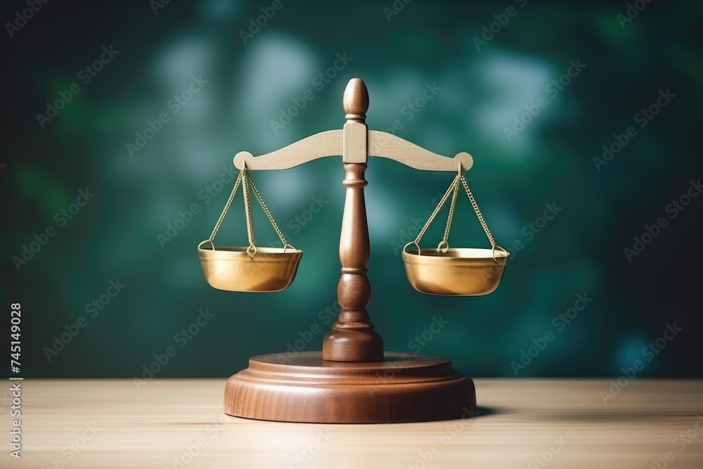 Gold scales of justice in equilibrium, symbolizing law and fairness, on a wooden surface with a ...