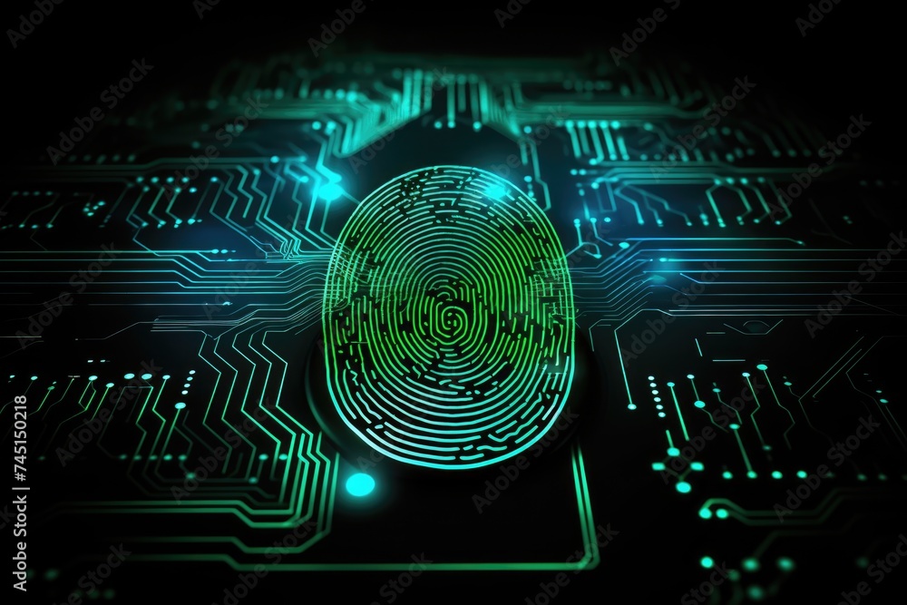 Green glowing fingerprint integrated into a digital circuit board ...