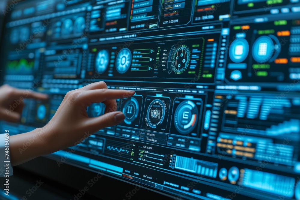 Hand interacting with futuristic financial interface, symbolizing ...