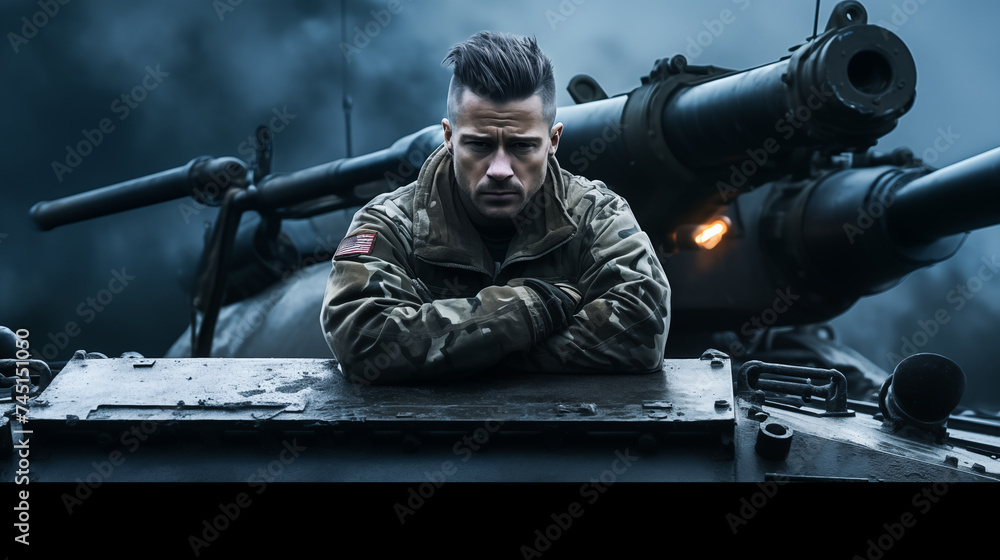 A brave soldier stands proudly in front of a massive tank. The courage ...