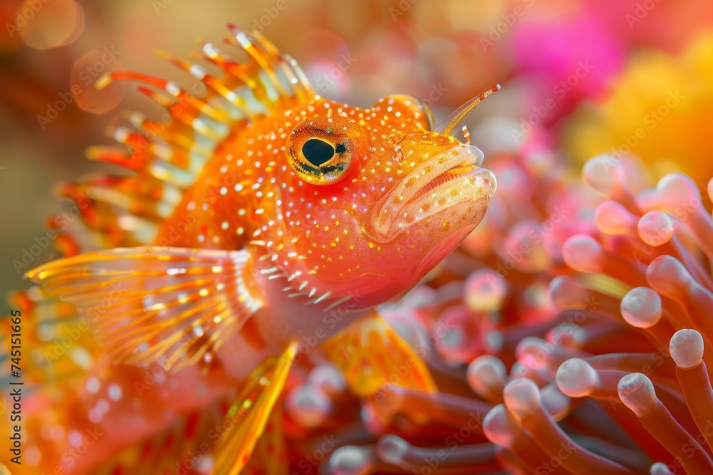 A close-up of a colorful and spiky tropical fish amidst vibrant coral ...