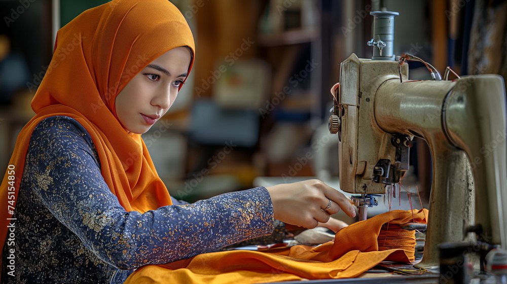 Islamic arab woman in hijab working as a seamstress, sewer using ...