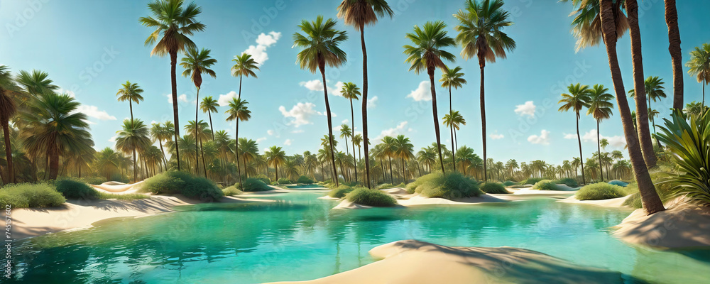 A hidden oasis in the desert with emerald-green waters, palm trees. AI ...