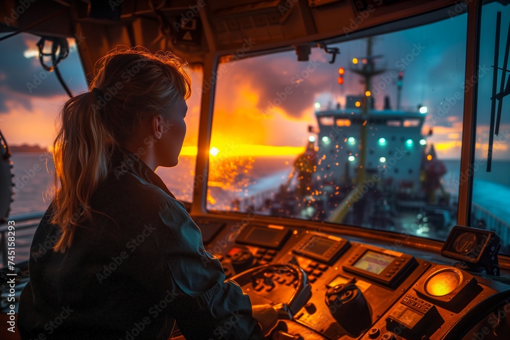 Female member of the crew of a cargo ship, operating a crane Stock ...