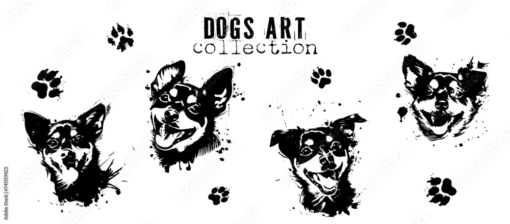 Vetor de Cute dogs art in different poses. Pets silhouettes, various ...