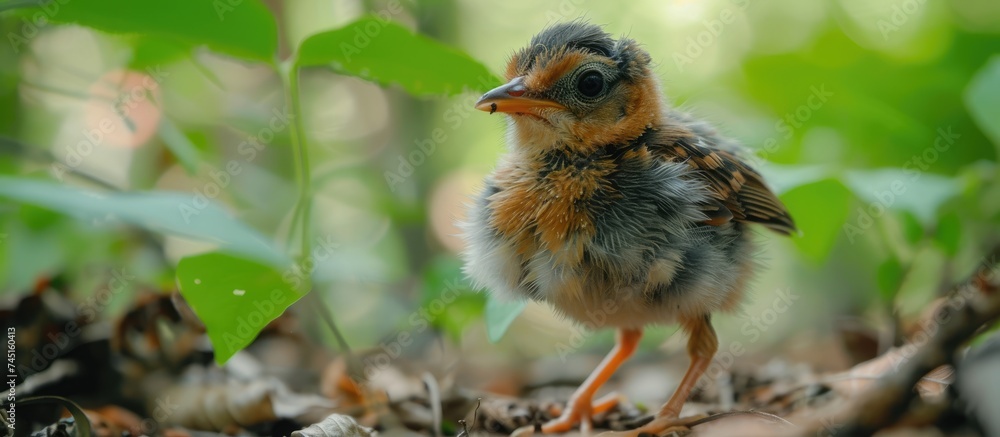 A baby robin fledgling with speckled brown plumage is standing on top ...