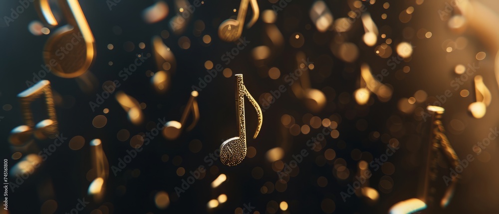 Gold musical notes flying in the air on black background with copy ...