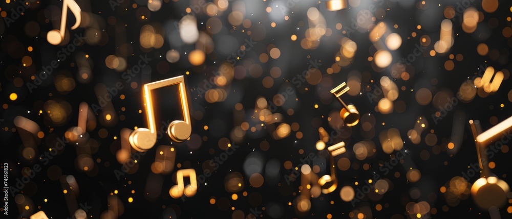 Gold musical notes flying in the air on black background with copy ...