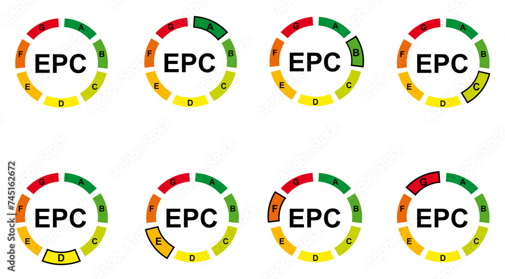 Set of symbols and icons of EPC Class A, B, C, D, E, F, and G for green ...
