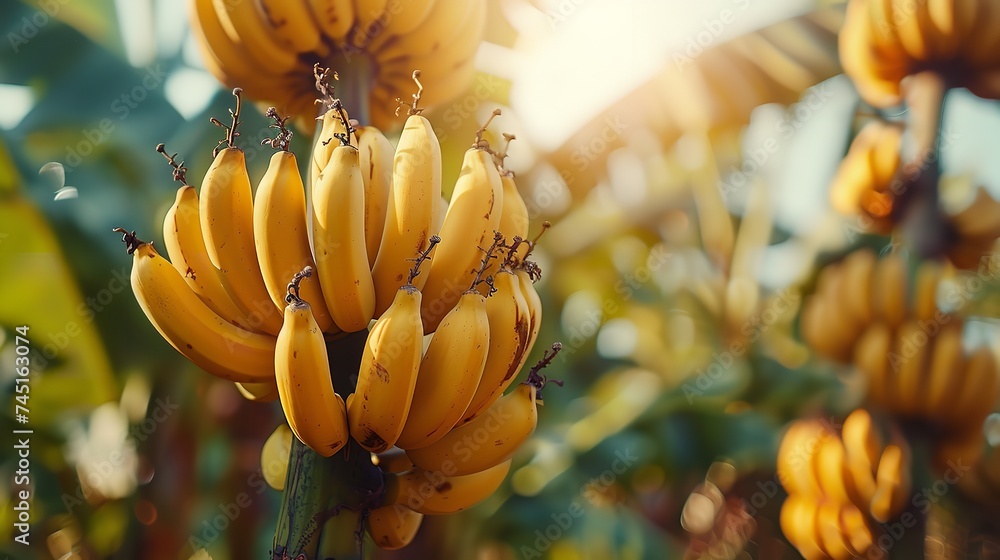Banana tree plantation in nature in field with sunlight and ripe yellow ...