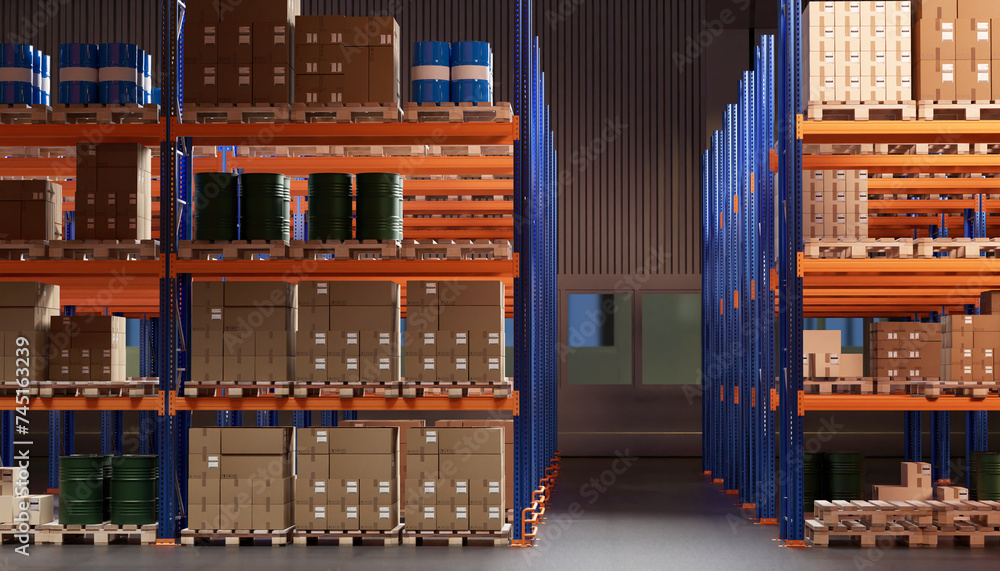 Warehouse logistics center. Hangar with stored boxes and barrels. Multi ...