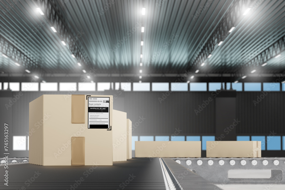 Conveyor with cardboard boxes. Parcels with FBS sticker. Conveyor in ...