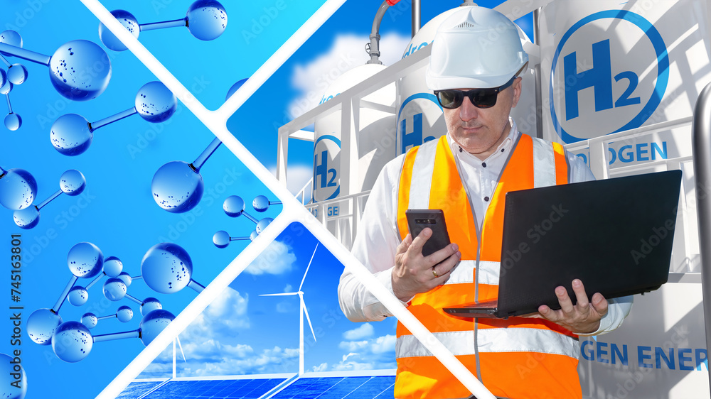 Man works at hydrogen factory. H2 gas production plant engineer ...