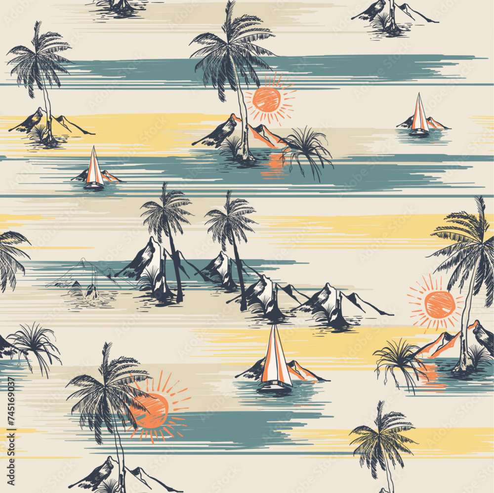 tropical summer palm beach pattern in vector, beach sunset with ...