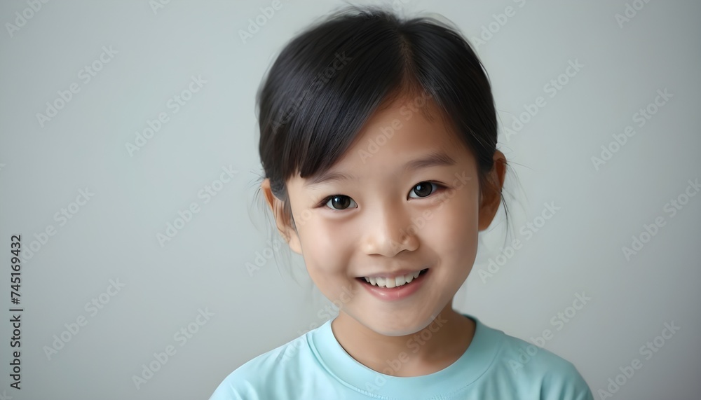 Portrait of cute Asian kid, child, on a plain white background. Simple ...