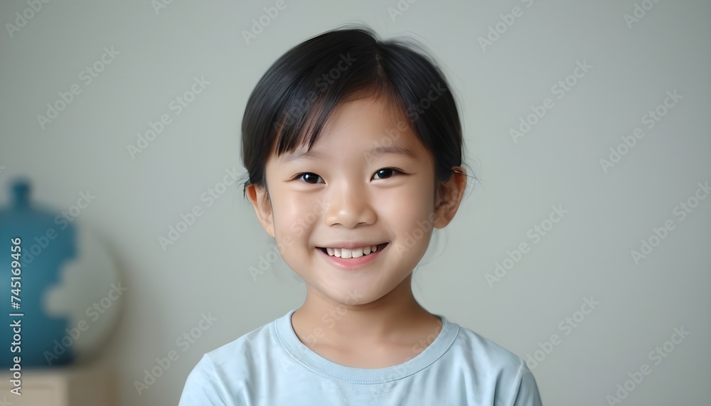 Portrait of cute Asian kid, child, on a plain white background. Simple home setting. Stock Photo ...