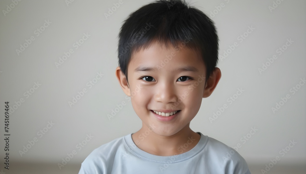 Portrait of cute Asian kid, child, on a plain white background. Simple ...