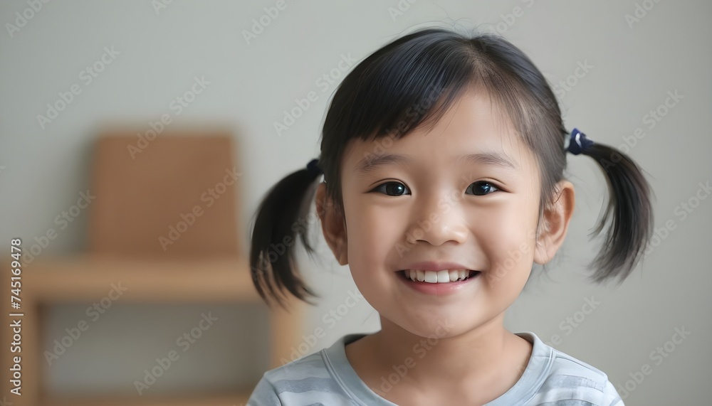 Portrait of cute Asian kid, child, on a plain white background. Simple home setting. Stock Photo ...