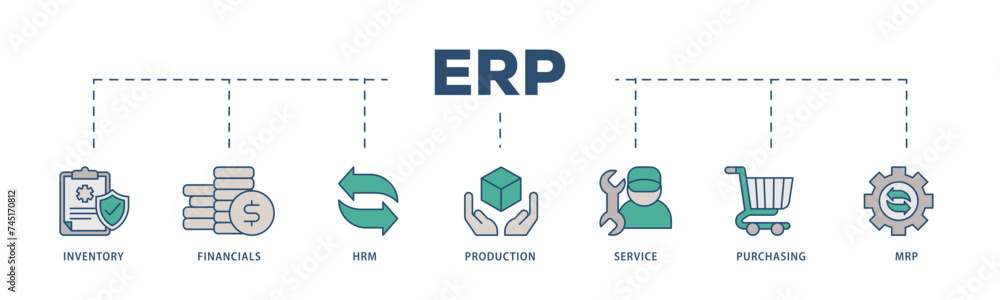 ERP icons process structure web banner illustration of inventory ...