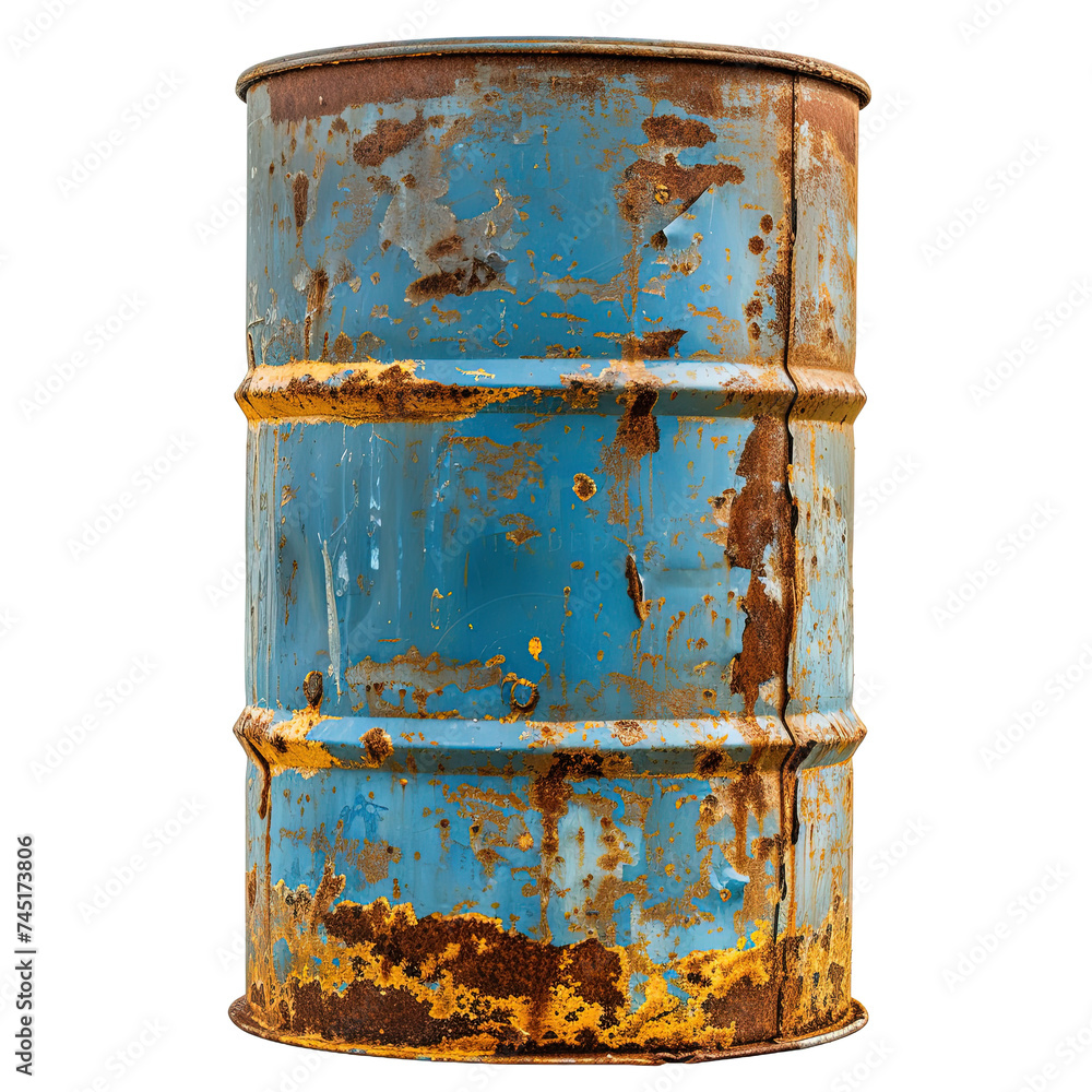 Old rusty blue steel oil barrel on white or transparent background on ...