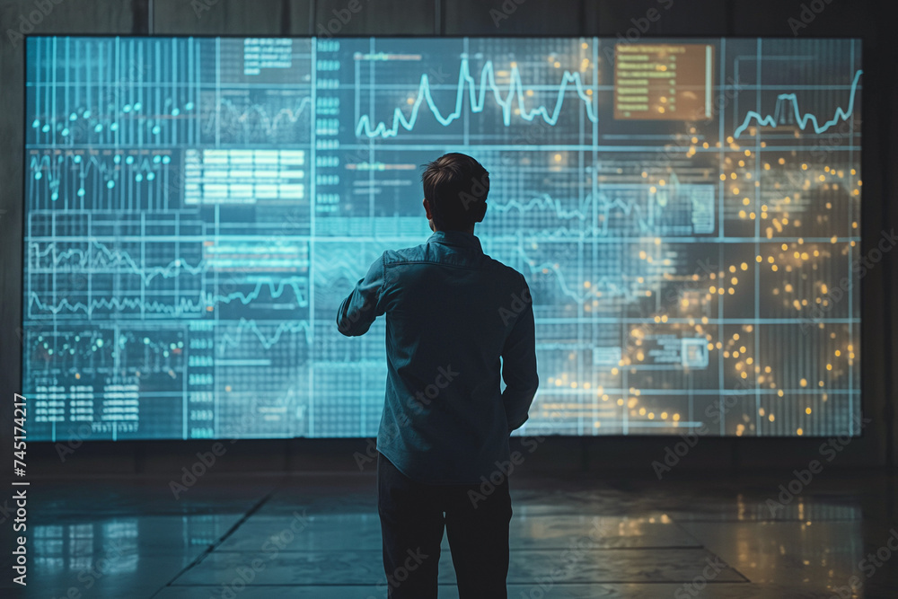 Software engineer, standing doing data analysis on big screen, planning ...