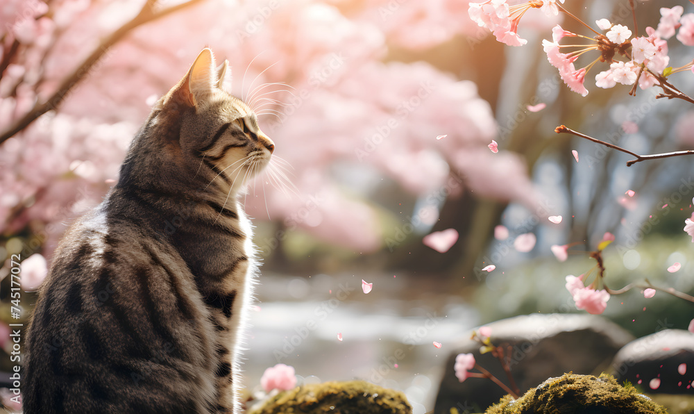Tabby cat looks at a cherry blossom in the garden. Hanami festive ...