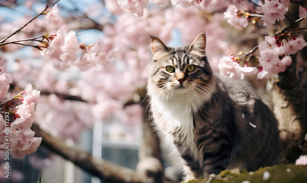 Tabby cat looks at a cherry blossom in the garden. Blooming sakura with ...