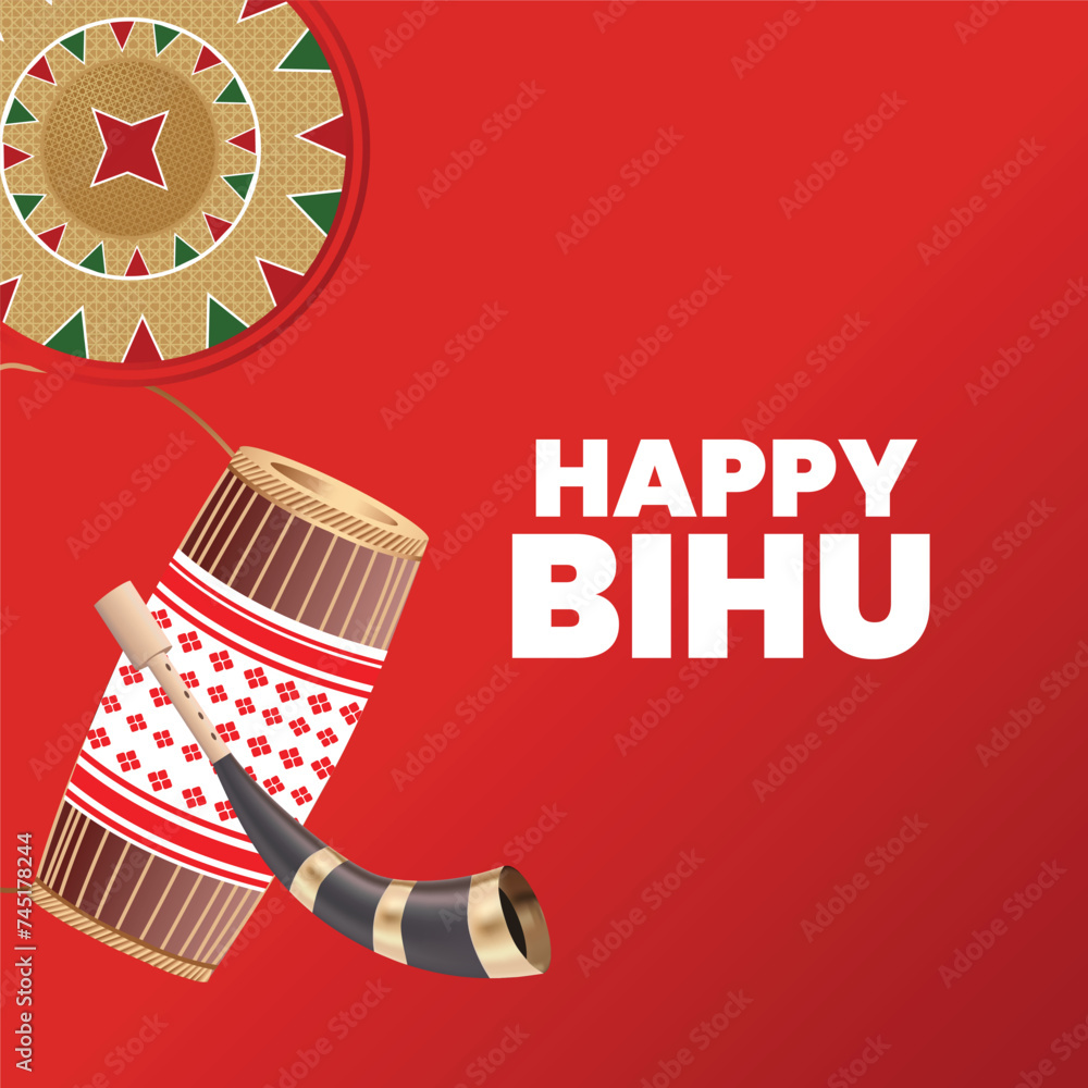 Greeting background with drum (dhol, onoinya) decorated with gamosa ...