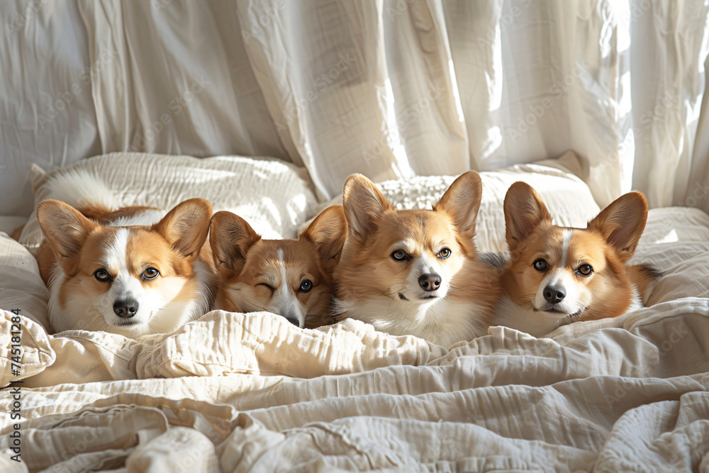 Four Corgi dogs lying on a bed with sunlight. Cozy pet relaxation and ...