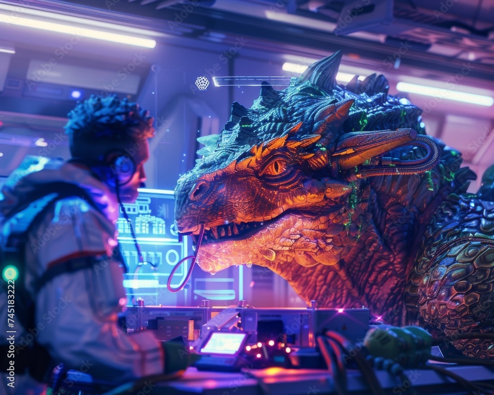 A chimera dinosaur in a UFO infirmary, receiving vitality-boosting care ...