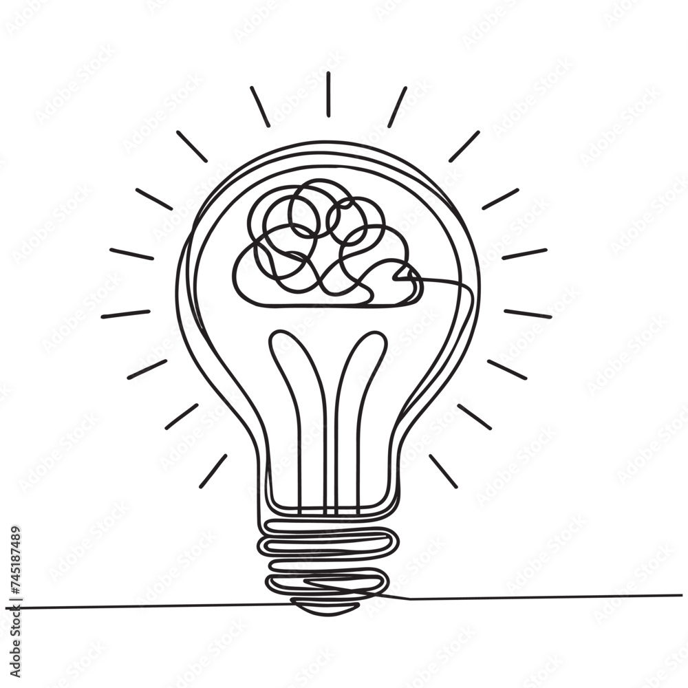 Single continuous line drawing of half light bulb and half human brain ...