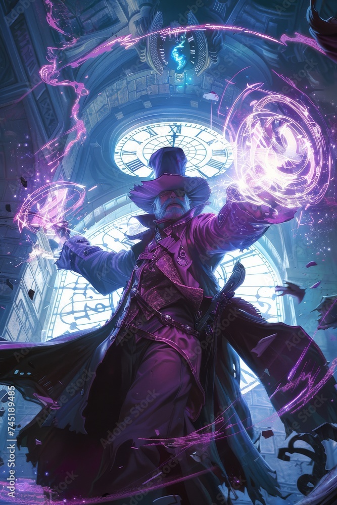 A time-bending wizard in a clock tower, surrounded by swirling temporal ...