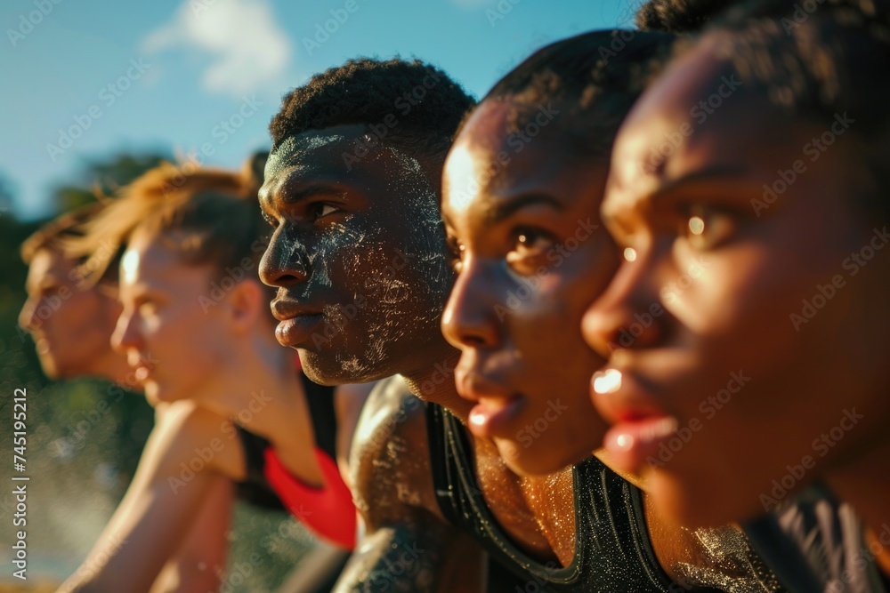A group of fitness enthusiasts, with mud smeared on their faces, are participating in a bootcamp ...