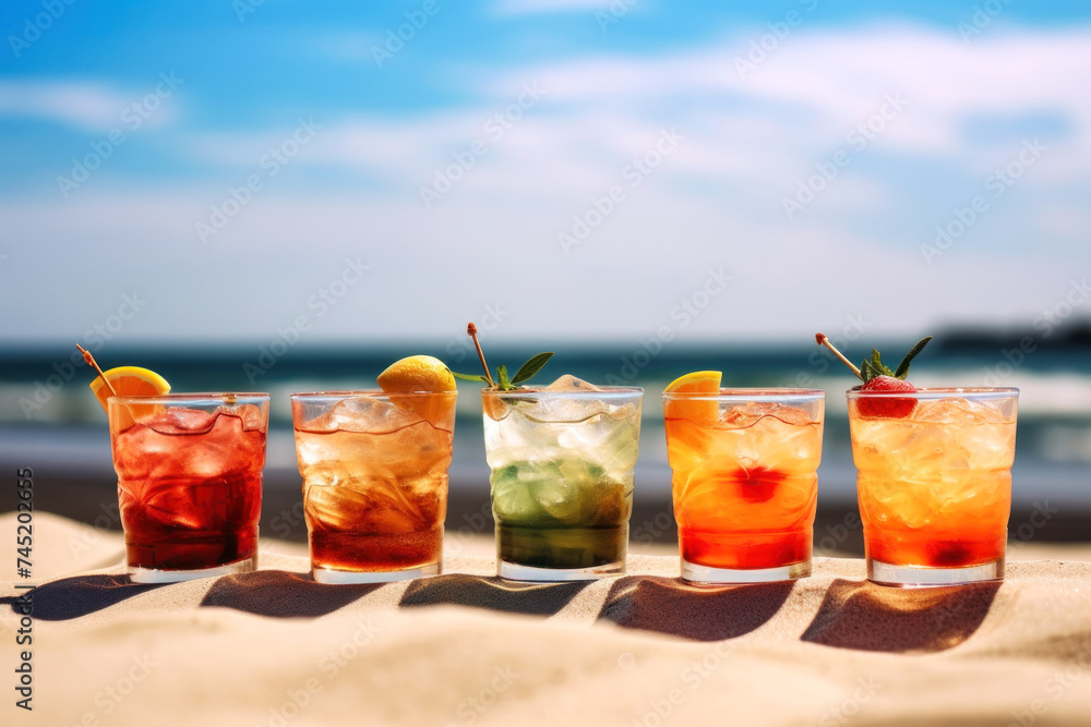Chill out with a lineup of refreshing cocktails on a serene beach Stock ...