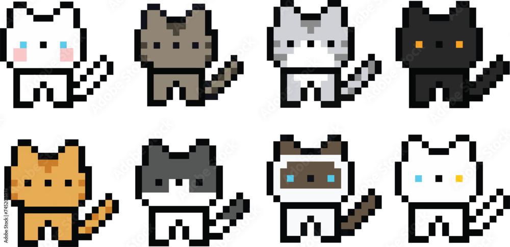 cute cat pixel art set. Animal for game asset and cross stitch pattern ...
