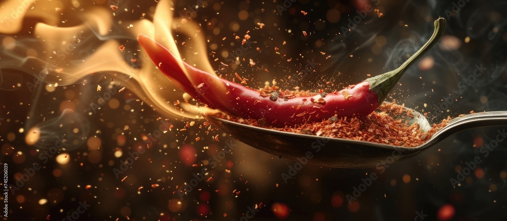 A hot chili pepper is placed on a sizzling frying pan, and flames are ...