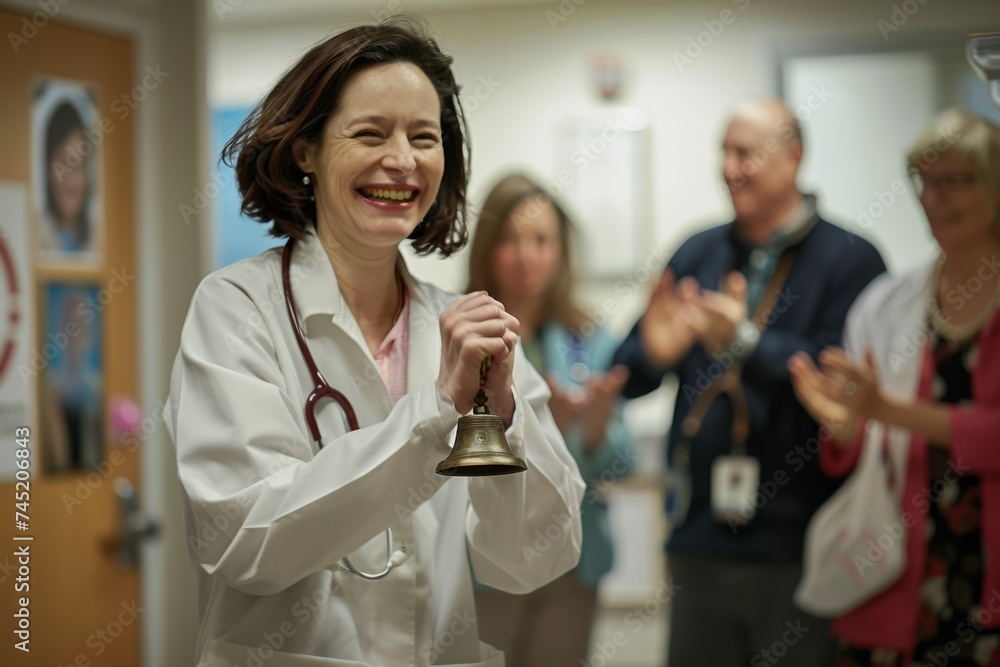 Joyful Woman in Chemotherapy Treatment Celebrating with Ceremonial Bell ...