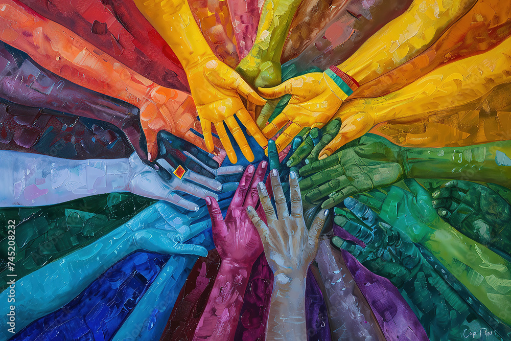 Hands of different ages and nationalities reach out and shake hands in ...