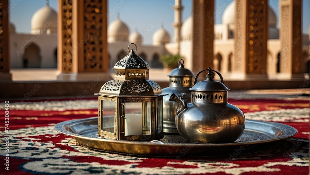 Classic Arabic lanterns and kettles on a tray that placed on a middle ...