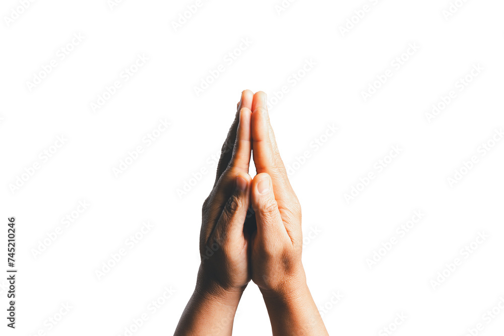 Female hands praying on a white isolated background, Asian woman stands ...