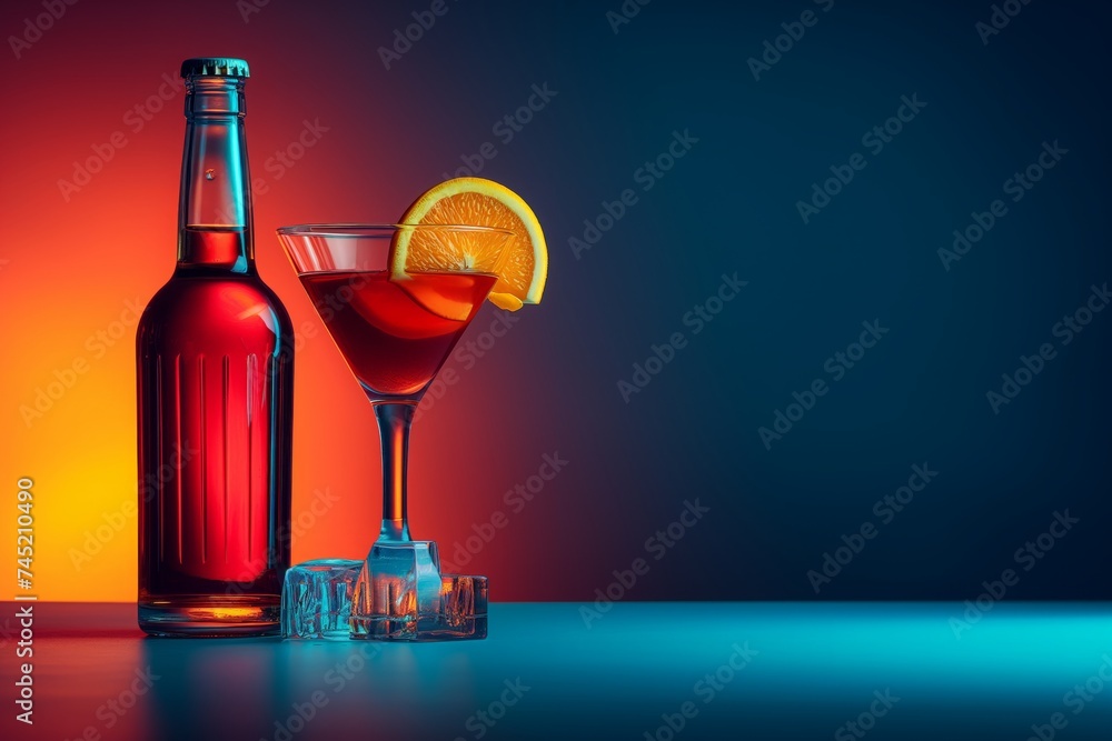 a stylish beverage photo of a dark red alcoholic cocktail with whiskey ...