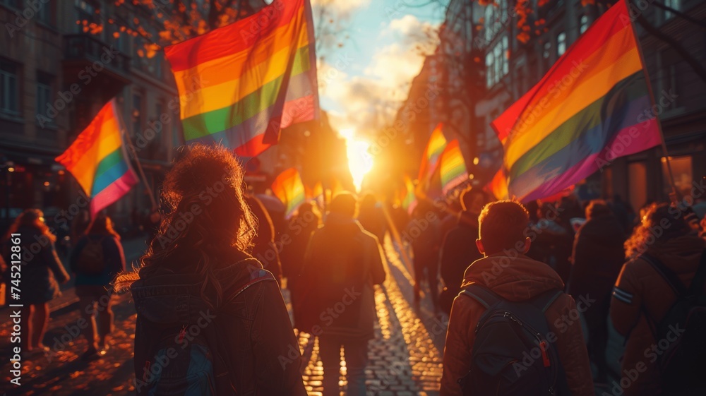 Crowd holding rainbow gay flags during a Gay Pride, LGBTQ community ...