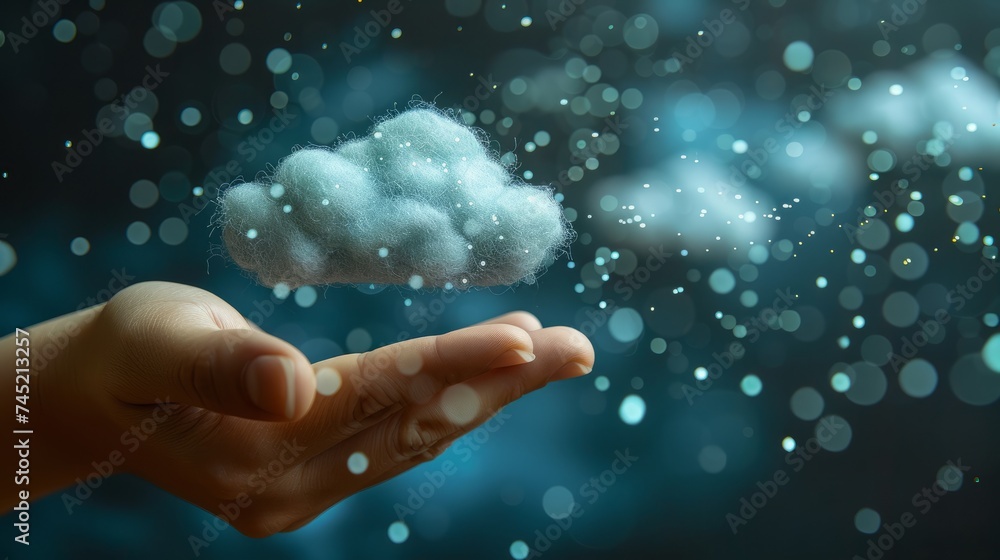 Floating Cloud Concept on Open Hand. Detailed view of a hand engaging ...