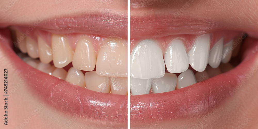 Woman teeth before and after whitening. Dental clinic patient. Oral ...