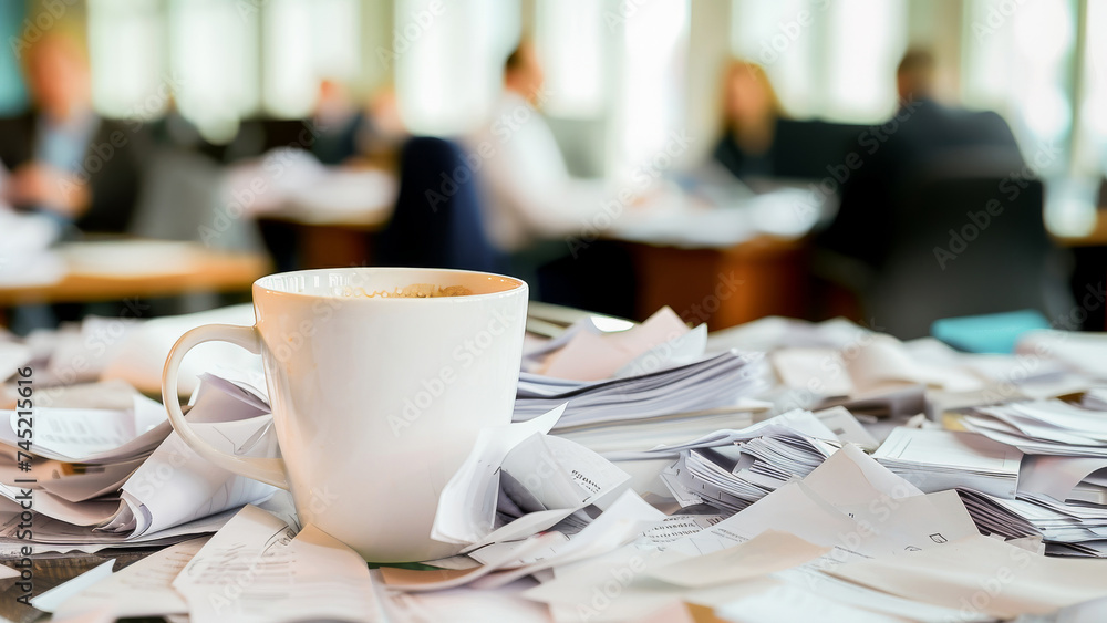 Foto de A cluttered office desk overflowing with paperwork and a coffee ...