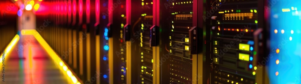 Rows of server racks illuminated by LED lights, showcasing the latest ...