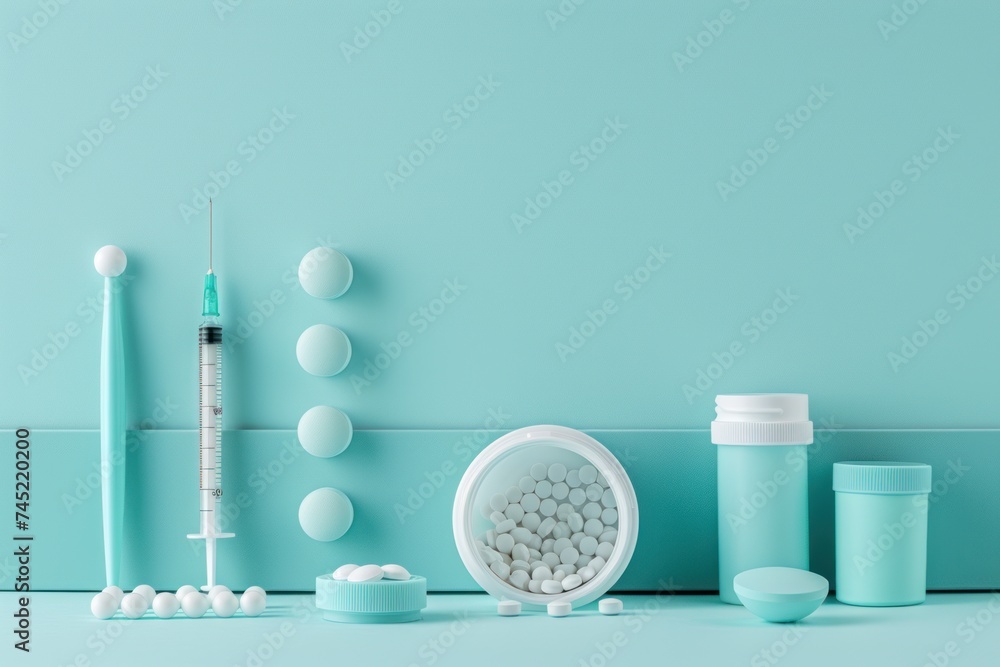 Variety of pills, capsules, and a medical syringe neatly organized ...