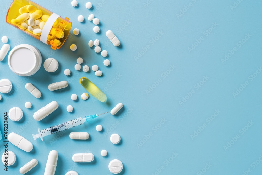 Organized layout of various medication forms and a syringe on a clean ...